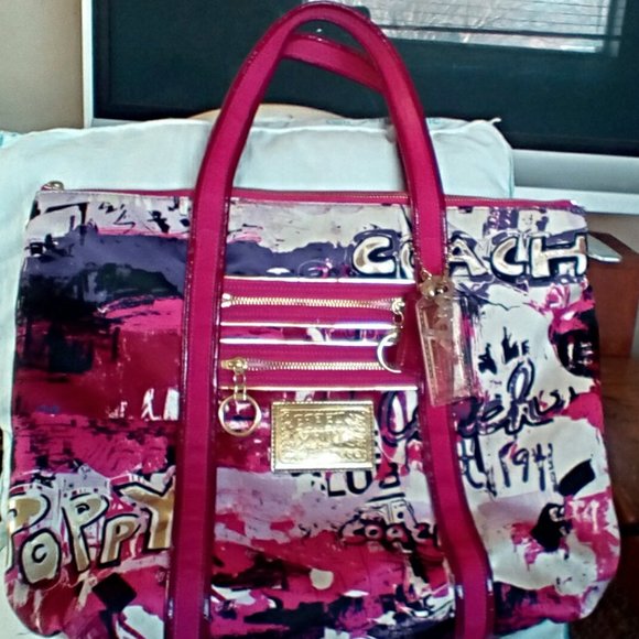 Coach | Bags | Coach Poppy Hot Pink Graffiti Sateen Tote Bag | Poshmark